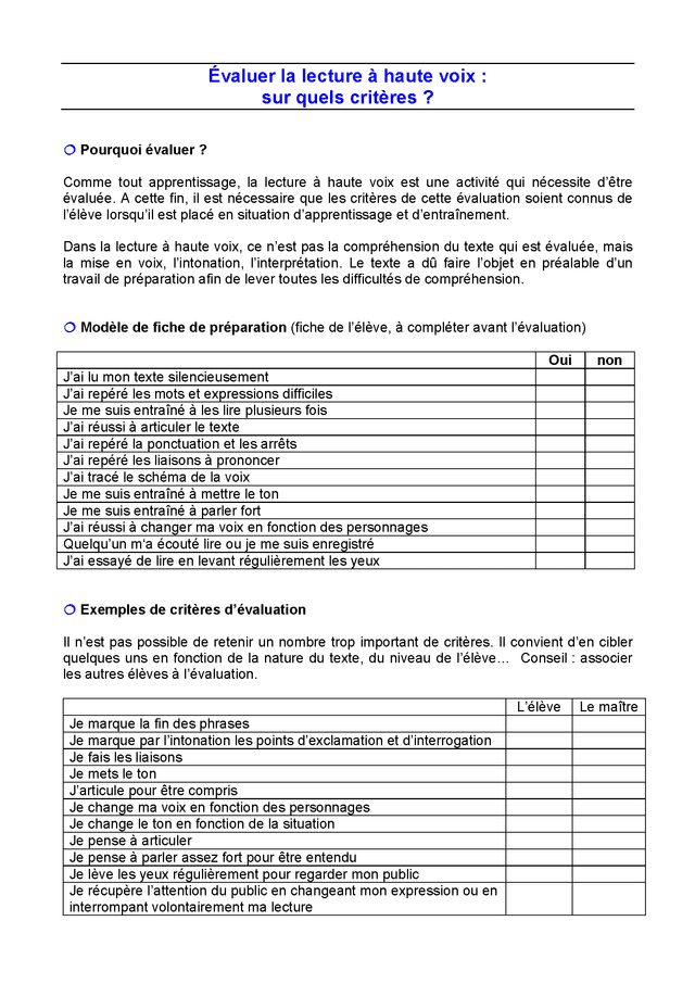 Évaluer la lecture à haute voix (liste de critères) - Toolboxen - DE ...